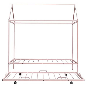 Merax Cute Montessori Bed with Trundle Twin, Metal Low House Daybed for Kids No Box Spring Needed/Space Spaving Pink