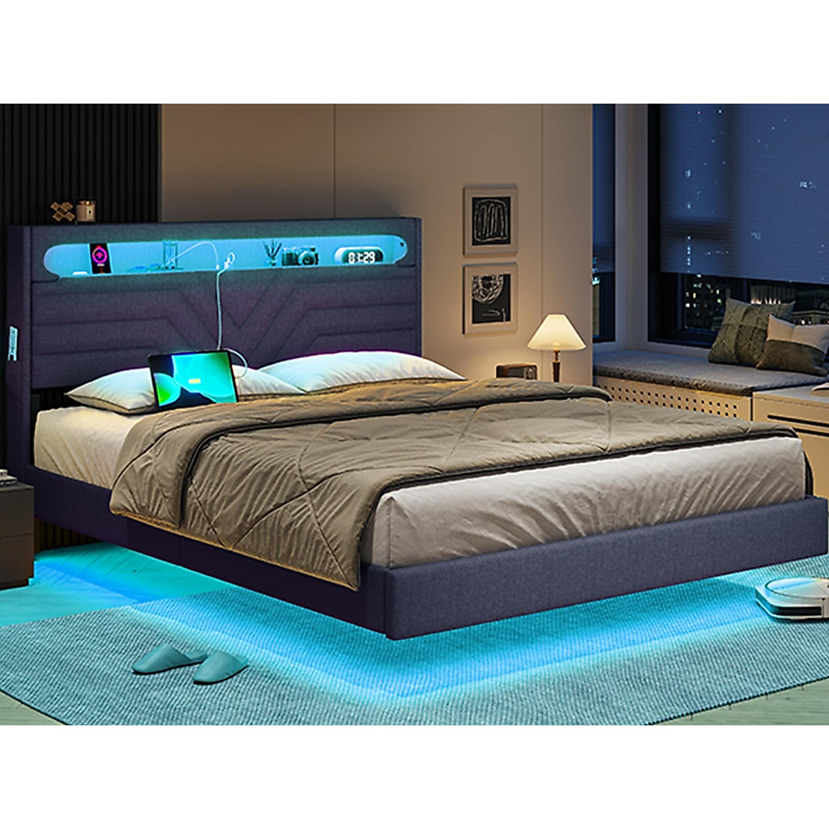 BTHFST Queen Floating Bed Frame with RGB LED Lights Headboard, USB-C/A Power Combo, Linen Upholstered Platform Bed with Storage Headboard, Innovative Stable Structure, Dark Gray