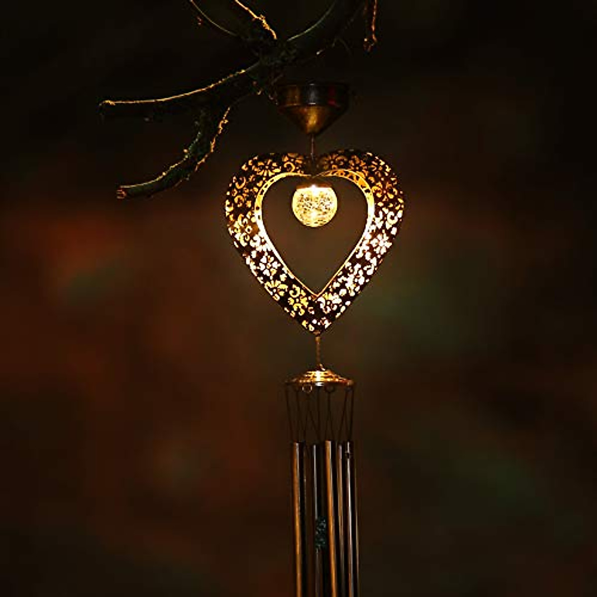newvivid Solar Powered Wind Chimes Solar Heart-Shaped LED Wind Chimes Crackle Glass Ball LED Light with Metal Tubes Waterproof for Home Garden Patio Party Festival Decor…