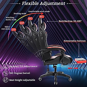 HOFFREE Gaming Chair Massage with Bluetooth Speakers and Lights Ergonomic Computer Gaming Chair with Footrest LED RGB Lights Music Video Game Chair with High Back Lumbar Support Red and Black