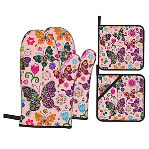 Colorful Butterflies Oven Mitts and Pot Holders Sets,Non-Slip Heat Resistant Oven Gloves for Grilling Baking Cooking Kitchen Housewarming Gift
