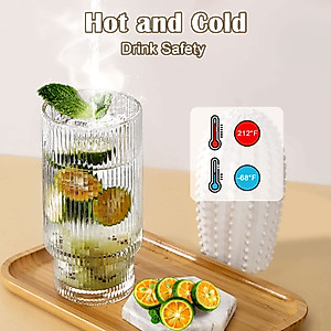 ASIZZED Ribbed Glassware with Straws Vintage Glass Cups 6pcs Set Reusable Wide Mouth Fluted Drinking Glasses 16oz Smoothie Cup Iced Coffee Cup with Clean Brushes for Beer Cocktail Bar Cart Accessories