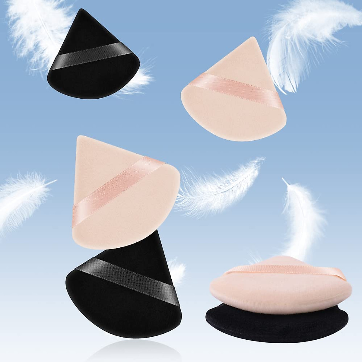 AUAUY 6 PCS Powder Puffs, Pure Cotton Soft Triangle Wedge Makeup Powder Puff for Loose Powder Mineral Powder Body Powder Cotton Velour Cosmetic Foundation Sponge Makeup Tool (3 Black + 3 Skin Colors)