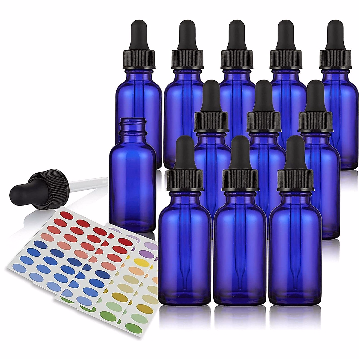 Juvale 12 Pack Dropper Bottles, 1oz Glass Bottles with Glass Eye Droppers, 94 Labels, Empty Tincture Bottles for Essential Oils & More Liquids, Cobalt Blue