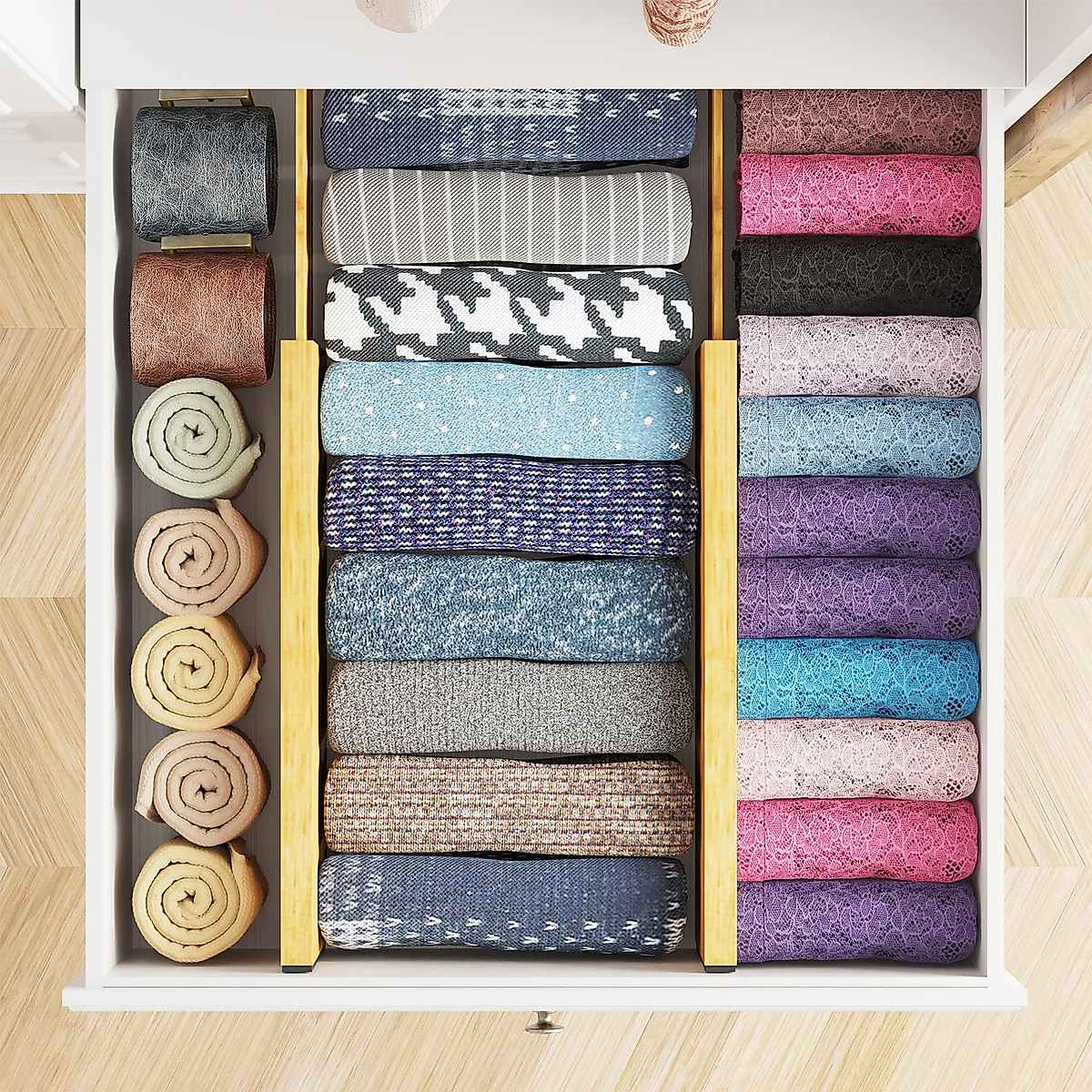 SpaceAid Bamboo 4 Pack Dresser Drawer Dividers, 4.65“ High Adjustable 12.5“-17” Drawer Organizers, Expandable Organization for Clothing, Clothes, Dressers, Natural