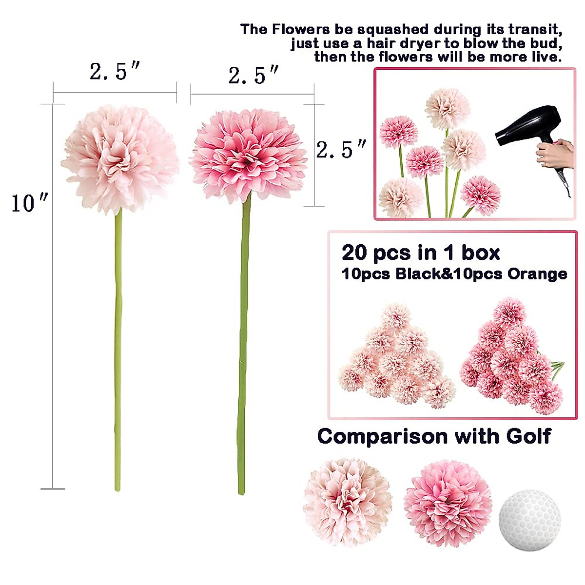 20Pcs Artificial Fake Flower Plants Silk Chrysanthemum Ball Hydrangea Arrangements Wedding Bouquets Decor Home Kitchen Garden Party Table Floral DIY (Light Pink&Dark Pink)