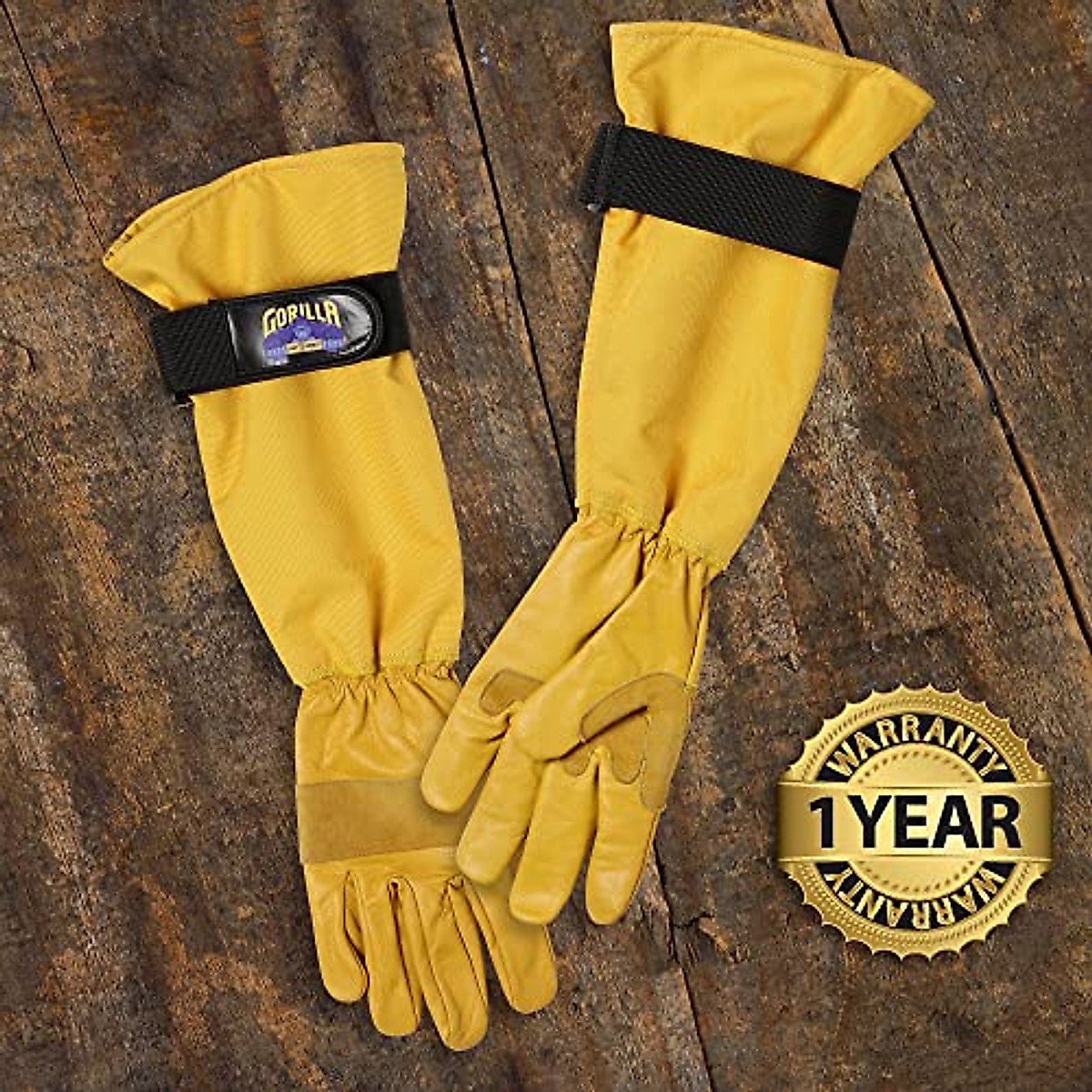 GORILLA EASY CONNECT Gardening Gloves Lightweight Tough Heavy Duty Long Sleeve Leather Pruning Gloves with Adjustable Strap - Yellow
