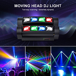 Seven Stars Moving Head DJ Light, 8 Beams Spider LED Stage Light, Master-Slave/DMX/Sound/Auto Control Modes, RGBW 4 in 1 Spotlighting for Wedding, Karaoke, Disco, Light Show and Events (2 Pack)