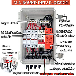 BAYM IP65 4 in 1 Out 15A 4 String Solar PV Array Plastic DC Combiner Box,4Pair Solar Connectors, Lightning Surge Protection, 63A 6ka MCB Lock Indicator,Waterproof Ventilation Valve