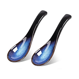 Asian Soup Spoon Set, Blue Japanese Soup Spoon Ceramic Chinese Soup Spoons Ramen Spoon Retro Porcelain Spoon Rice Spoons For Cereal Stews Ramen Pho Wonton Dumpling Miso, 2pcs