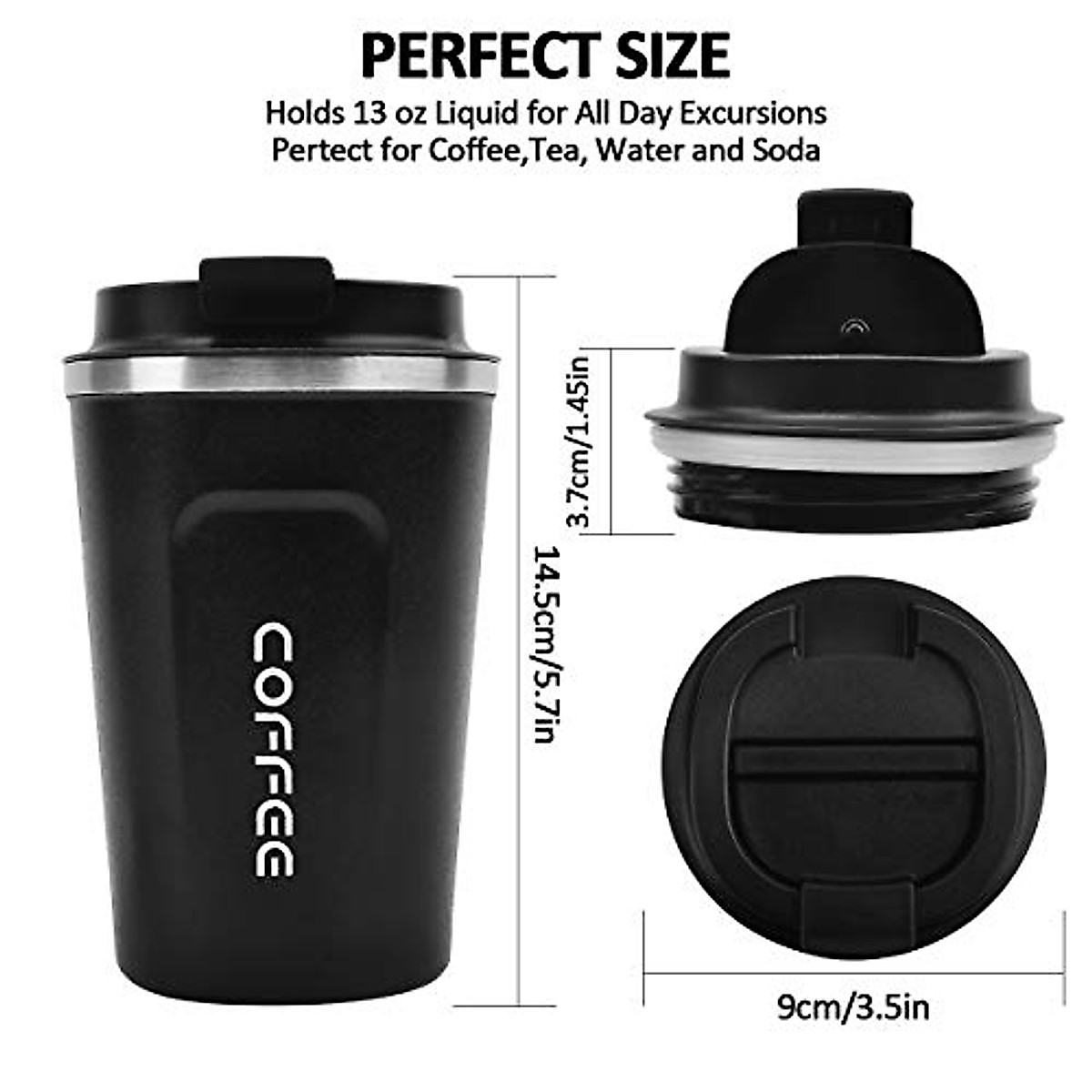 12 oz Stainless Steel Vacuum Insulated Tumbler - Coffee Travel Mug Spill Proof with Lid - Thermos Cup for Keep Hot/Ice Coffee,Tea and Beer (Black)