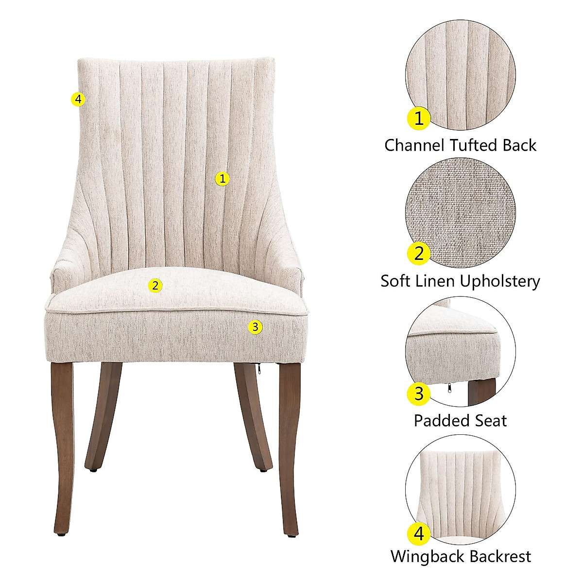 mikibama Linen Dining Chairs Set of 2 Channel Tufted Kitchen Dinner Chair Comfy Fabric Upholstered Accent Chair for Dining Room with Solid Wood Legs (Beige)