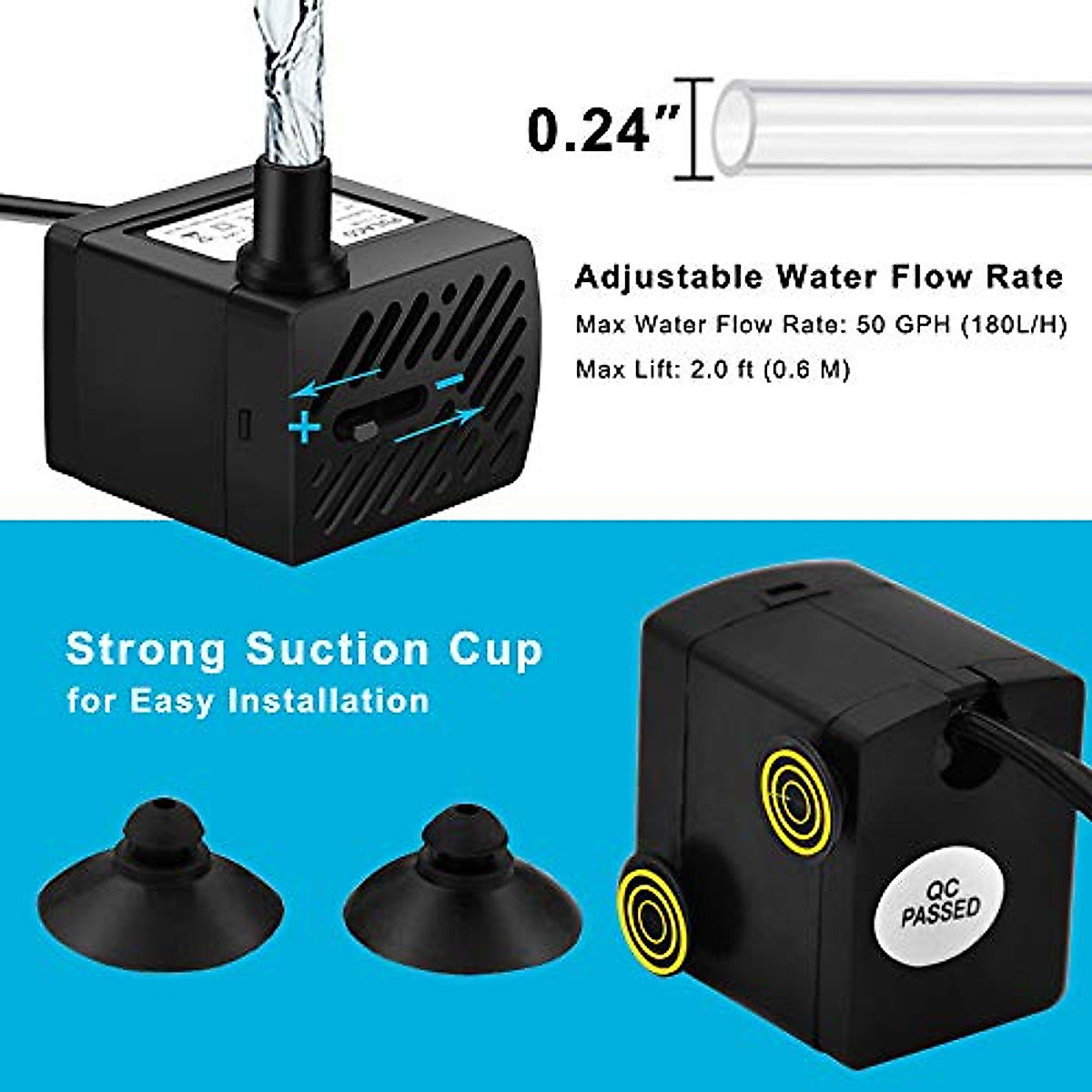 PULACO 2Pcs Mini Fountain Pump ( 50GPH 3W), Ultra Quiet Submersible Water Pump for Aquarium, Small Fish Tank, Pet Water Fountain, Tabletop Fountains, Water gardens and Hydroponic Systems