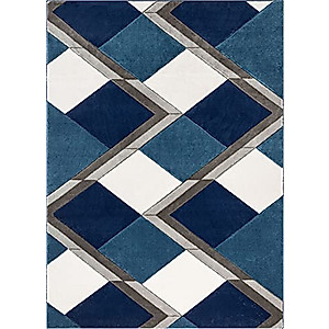 Well Woven Naya Blue Modern Geometric Diamond Boxes Pattern Area Rug 5x7 (5'3" x 7'3")