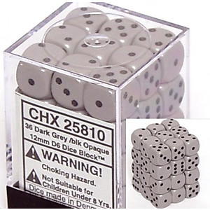 Chessex Dice d6 Sets: Opaque Grey / Gray with Black - 12mm Six Sided Die (36) Block of Dice