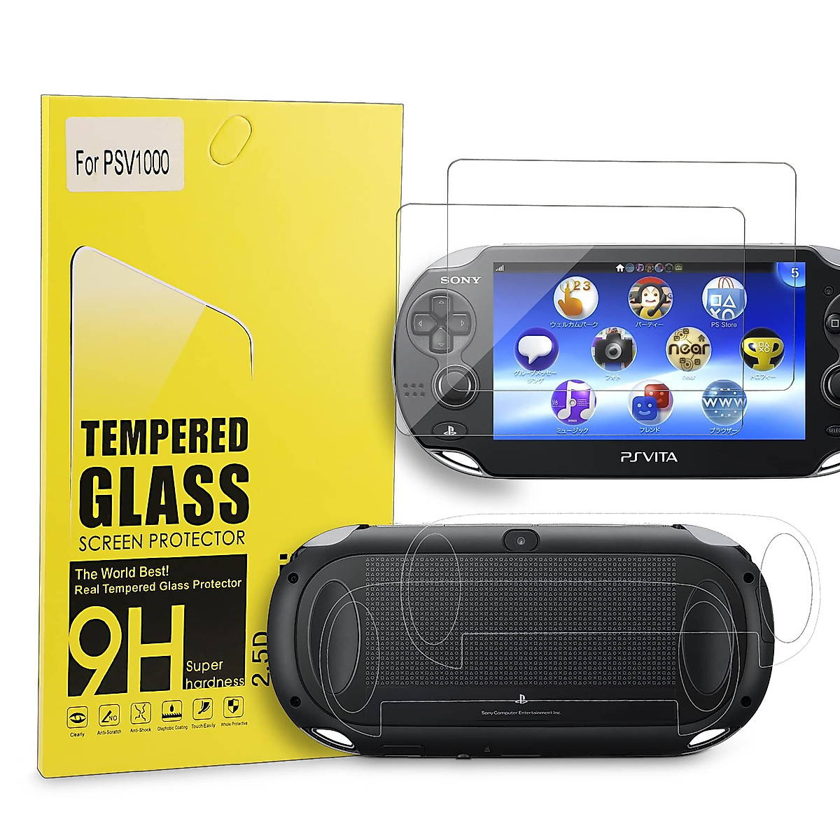 Xahpower PS Vita 1000 Screen Protector, 9H Tempered Glass Front Screen Protector and HD Clear PET Back Screen Protective Film for Sony PlayStation Vita 1000