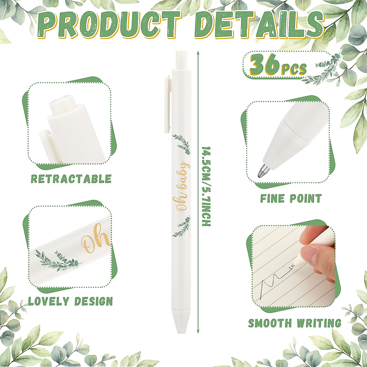 Ireer 36 Pcs Baby Shower Pens Gifts Bulk Party Favors for Guests Games Neutral Gender Reveal Favors Baby Shower Prizes Souvenirs Gift Bags Stuffer Supplies(Sage Greenery)