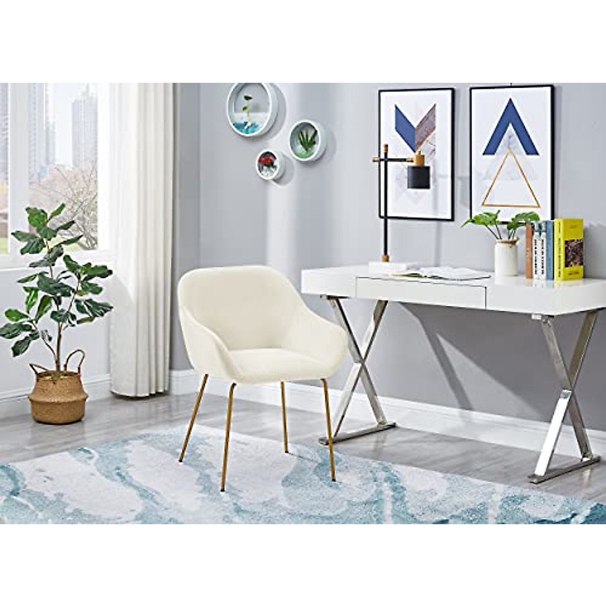 Ball & Cast Upholstered Dining Modern Accent Chair with Low Armrest Golden Metal Leg Set of 1, Beige