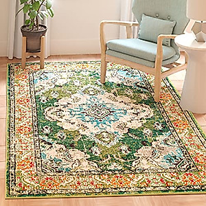 SAFAVIEH Monaco Collection 6'7" x 9'2" Forest Green/Light Blue MNC243F Boho Chic Medallion Distressed Non-Shedding Living Room Bedroom Dining Home Office Area Rug