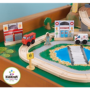 KidKraft Ride Around Town Wooden Train Set and Table with Helicopter, Airplane, Farm, Storage Bins and 100 Pieces, Compatible with Other Major Brand Trains, Honey