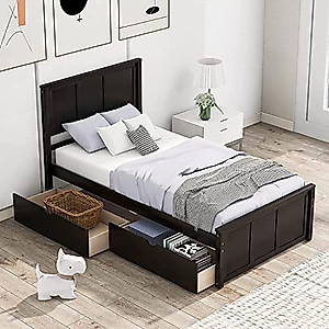 Harper & Bright Designs Twin Bed with Storage Drawers, Solid Wood Platform Bed Frame with Headboard - Espresso