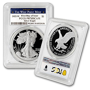 2022 W 1 oz Proof American Silver Eagle PR-70 Deep Cameo (PR70DCAM - First Day of Issue - Struck at The West Point Mint) $1 PCGS Mint State
