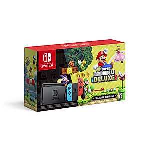 Nintendo Switch with Neon Blue and Neon Red Joy-Con + New Super Mario Bros. U Deluxe (Full Game Download) - Switch Console