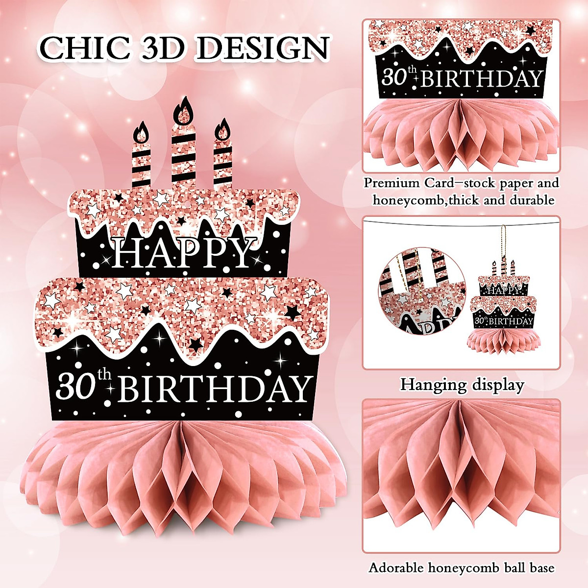 LITAUS, Rose Gold 30th Birthday Decorations Honeycomb Centerpieces for Table - Pack of 9 | 30 th Birthday Table Decorations for Women | 30th Birthday Party Supplies