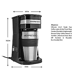 Mixpresso 2-In-1 Single Cup Coffee Maker & 14oz Travel Mug Combo | Portable & Lightweight Personal Drip Coffee Brewer & Tumbler Advanced Auto Shut Off Function & Reusable Eco-Friendly Filter