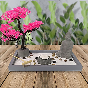 Japanese Zen Garden Lotus Candle Holder - Mini Pink Bonsai Garden with Buddha Statue or Relaxation and Meditation - Perfect Home Desk Decor and Gift Set - Gray, 8.75" x 12.5" x 9"