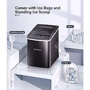 ecozy Portable Ice Maker Countertop, 9 Cubes Ready in 6 Mins, 26 lbs in 24 Hours, Self-Cleaning, Includes Ice Bags/Scoop/Basket for Home Kitchen Office Bar Party, Black