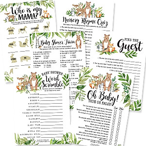 25 Woodland Word Scramble For Baby Shower, 25 True Or False Game, 25 Trivia Game, 25 Find The Guest, 25 Baby Animal Matching, 25 Nursery Rhyme Game - 6 Double Sided Cards Baby Shower Ideas