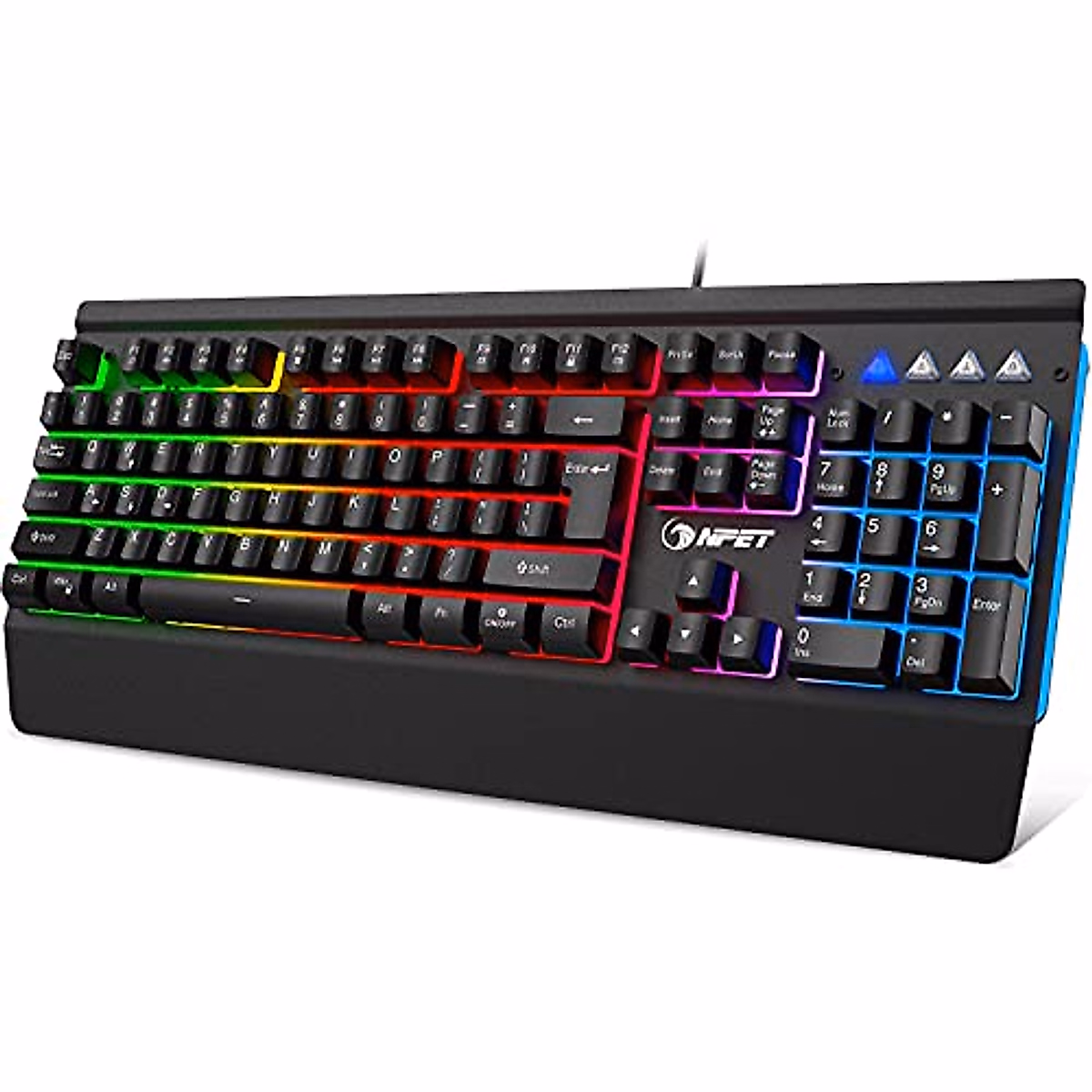NPET K510 Gaming Keyboard, Wired LED Backlit Computer Keyboard with Ergonomic Wrist Rest, 12 Multimedia Keys & 19 Keys Anti-ghosting USB Full Size Rainbow Keyboard for Laptop/Desktop/PC