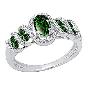 Dazzlingrock Collection Sterling Silver 6X4 MM Lab Created Oval & Round Emerald & Round Diamond Women Ring, Size 10