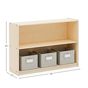 Guidecraft EdQ Two Shelf Open Storage 30'' Natural with 3 Fabric Bins: Wooden Organizer Cabinet for School and Home, Teacher's Book Cubby and Toy Shelf