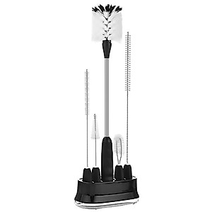 ALINK 5 Pack Water Bottle Brush Cleaning Set with Holder, Bottle Cleaner with Stand, Straw Brush, Nipple Brush, Lid Brush for Stanley 40OZ/30OZ Tumblers, Drinking Glass, Baby Bottles, Jugs - Black