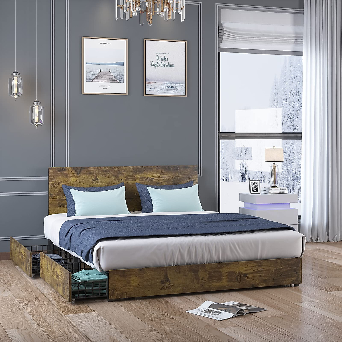 Mjkone California King Size Bed Frame with Storage, Rustic Cal King Size Platform Bed with Headboard, Platform Bed Frame with 4 Drawers, Wood Slat Support, No Box Spring Needed, Easy Assembly