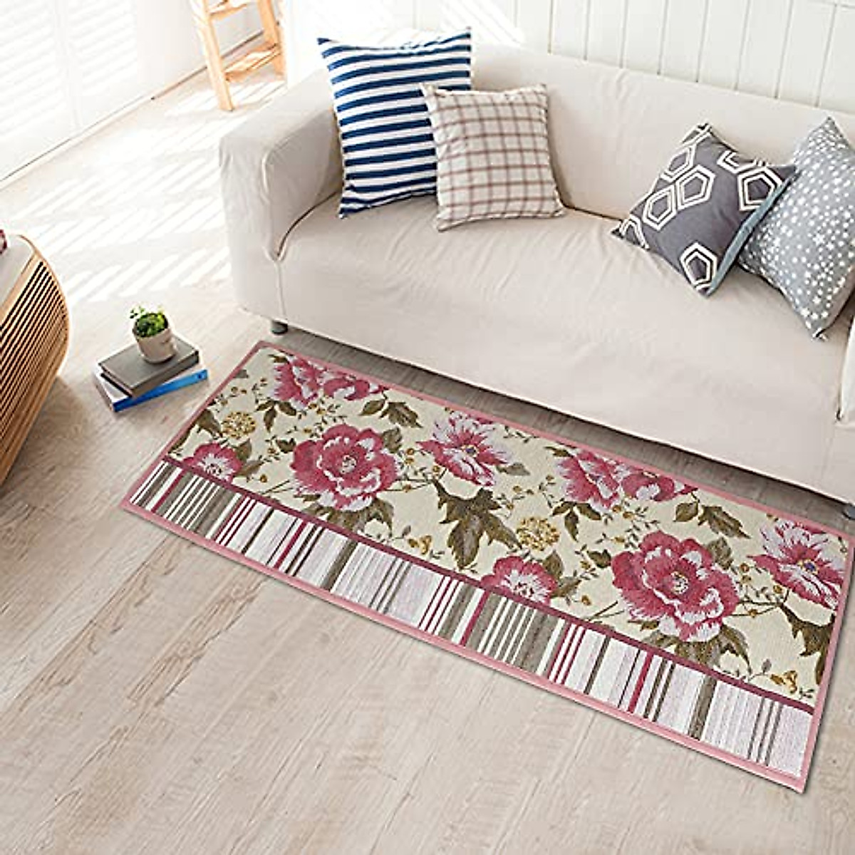 yazi Fabric Kitchen Mat Area Rug Red Striped Flower Non-Slip Rubber Backing Floomat,47x18 Inches