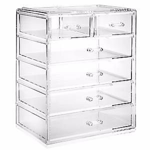 Casafield Acrylic Cosmetic Makeup Organizer & Jewelry Storage Display Case - 4 Large, 2 Small Drawer Set - Clear