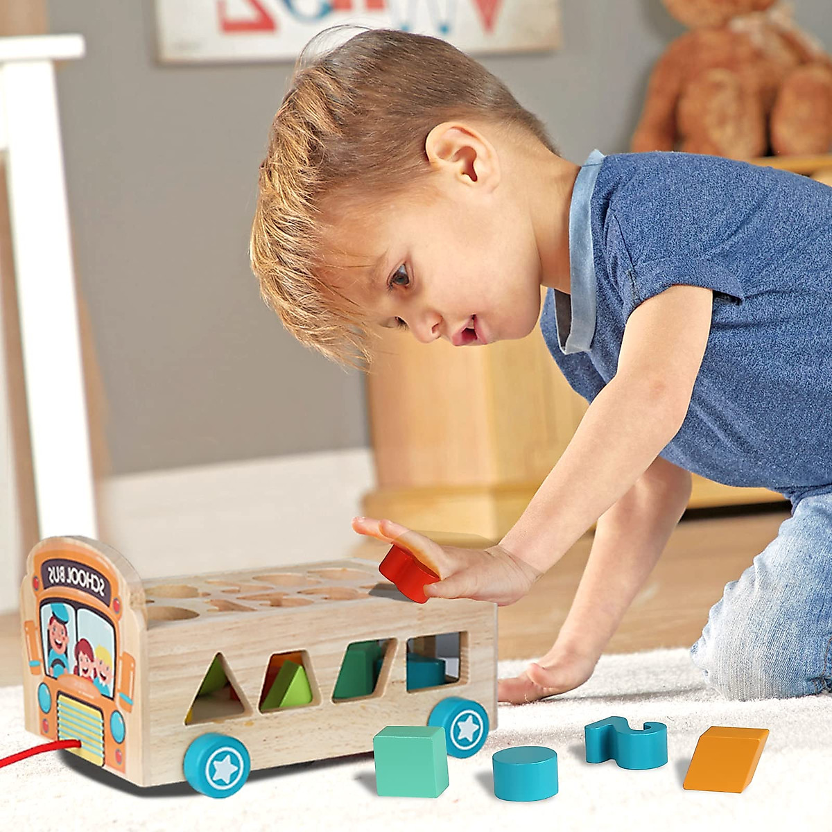 Classic Wooden Toddler Toy Age 2-4 Pulling Bus 123 Number Learning Shape Puzzle Sorting Match Game Montessori Sensory Material for Kids