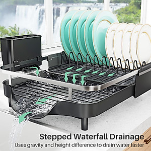 Dish Drying Rack - Extendable Dish Rack for Kitchen Counter, Saving Countertop Space Dish Drainer, Stainless Steel Kitchen Drying Rack with Cutlery Holder, 22.1''L x 12.8''W (Black)