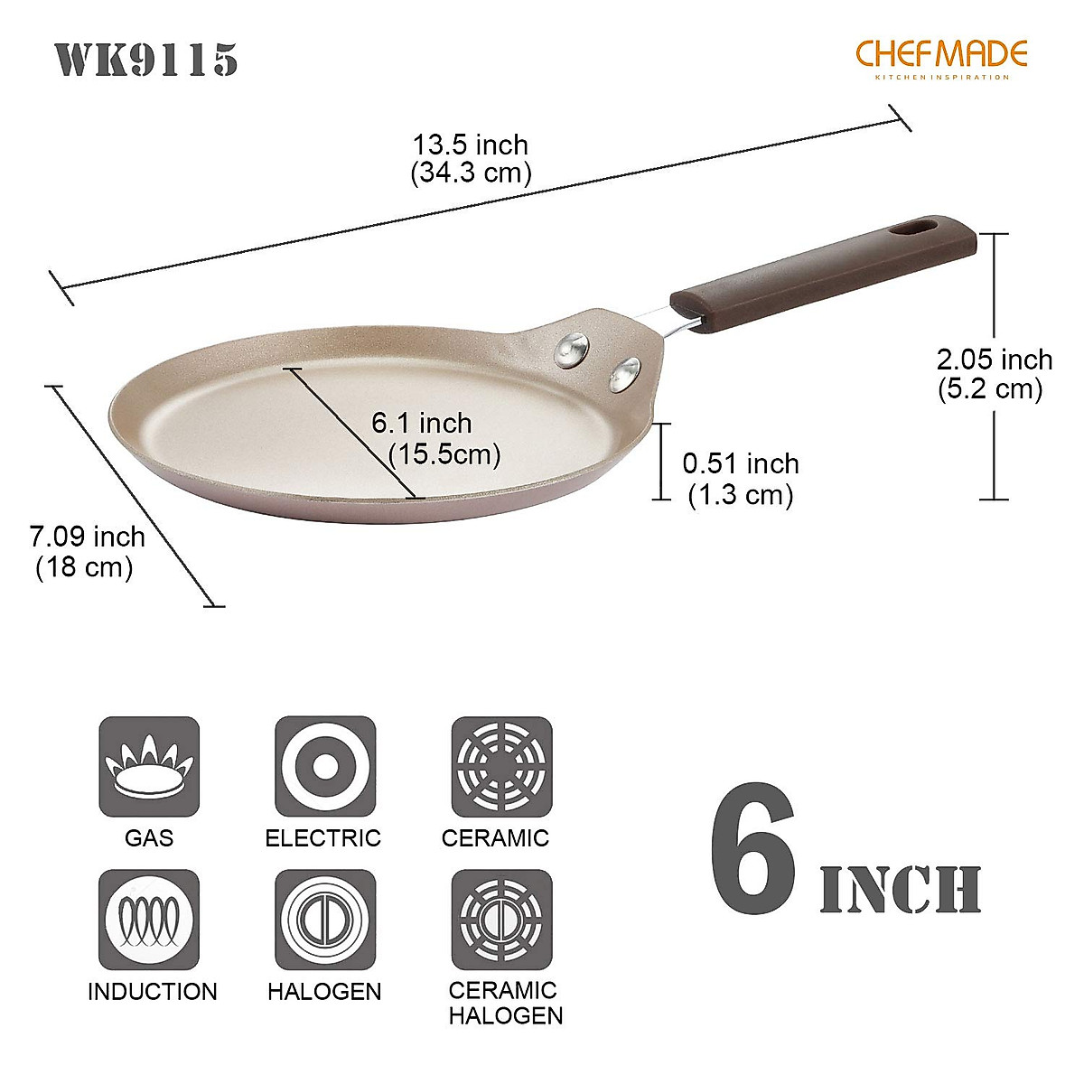 CHEFMADE Mini Crepe Pan with Bamboo Spreader, 6-Inch Non-Stick Pancake Pan with Insulating Silicone Handle for Gas, Induction, Electric Cooker (Champagne Gold)