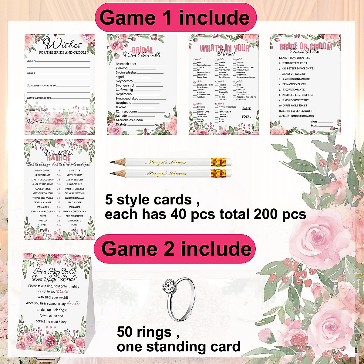Ctosree Bridal Shower Games Set Put a Ring on It Bridal Shower Game with 50 Fake Rings and 200 Wedding Games Cards with 20 Pencils Bachelorette Party Games Bridal Shower Favors Decorations for Guests