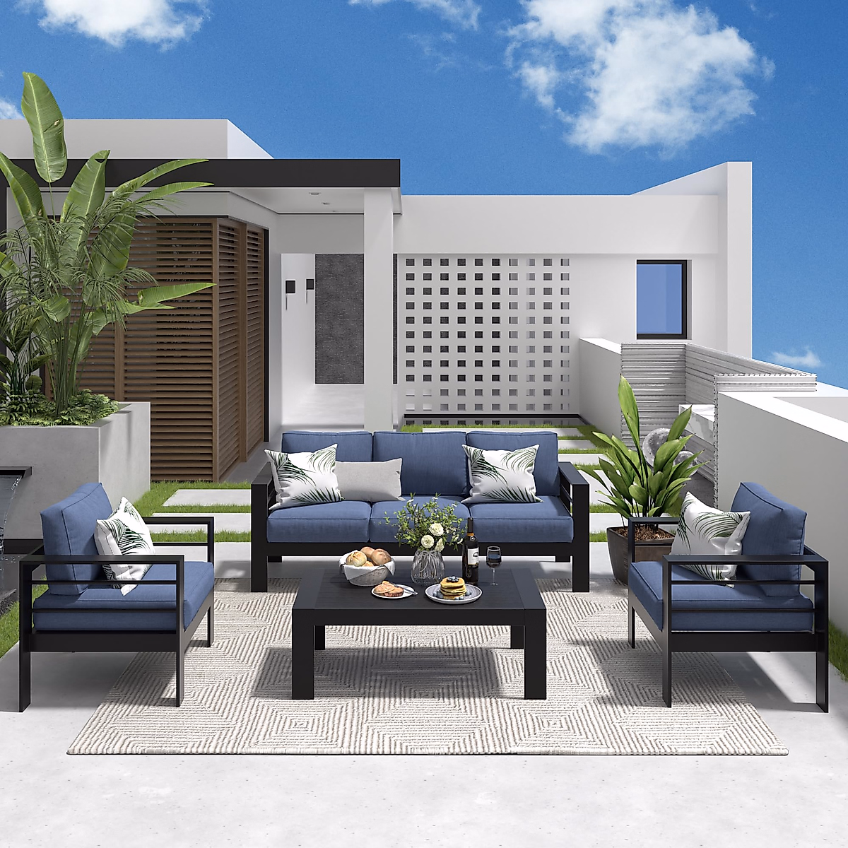Solaste Aluminum Patio Furniture Set, 5 Seats Modern Outdoor Conversation Set Sectional Sofa with Upgrade Cushion and Coffee Table,Black Frame and Blue Cushion
