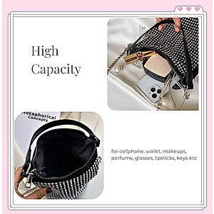 Bydenwely Rhinestone Rivets Bling Bucket Hobo Bag Medium Chic Evening Purse Women Clutch Crossbody Tote for Prom Party, Silver