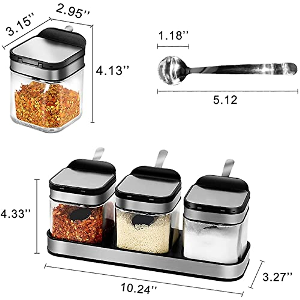 Condiment Jar Spice Container with 304 Stainless Steel Lids and Spoons,Clear Glass Condiment Canisters Pots Seasoning Box Salt Container Sugar Bowl Set of 3 for Kitchen, Counter, Food Storage