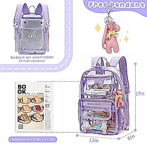 Maod Clear Backpack Heavy Duty Stadium Approved PVC Transparent Large School Book Bag with Free Sticker and A Pendant (Purple)