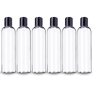 ljdeals 8 oz Clear Plastic Empty Bottles with Black Disc Top Caps, Refillable Containers for Shampoo, Lotions, Cream and More Pack of 6, BPA Free, Made in USA