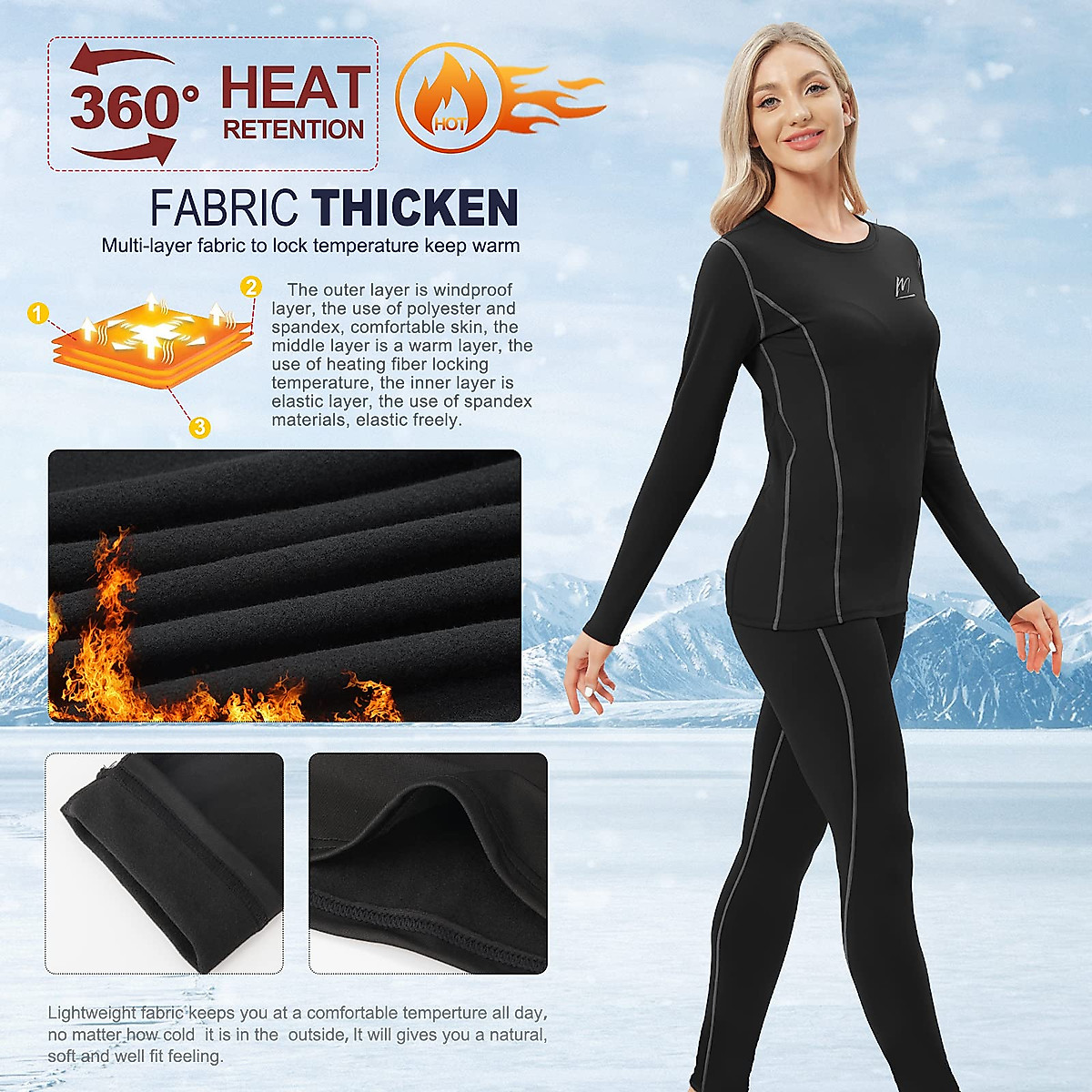 MeetHoo Thermal Underwear for Women, Winter Warm Base Layer Compression Set Fleece Lined Long Johns, Black, Medium