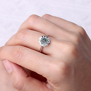 LUO S925 Sterling Silver Round Shaped 1.25 CT Moss Agate Ring Halo Engagement Ring Statement Ring Crescent Moon Sun Rings for Women Mother's Day Gifts US Size 8
